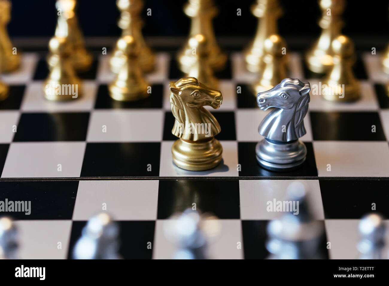 Closeup shot of chess knights placed on chessboard in front of each ...