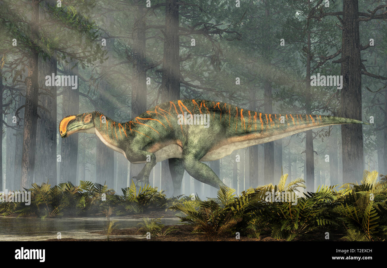 An Altirhinus in a dense forest. Altirhinus (high snout) was a type of ...