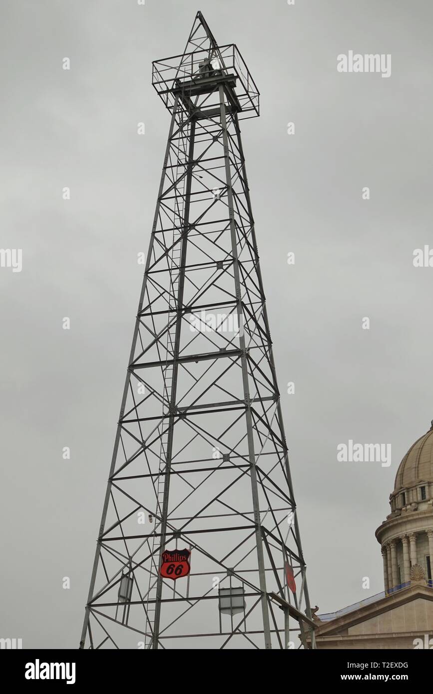 OKLAHOMA CITY, OK -2 MAR 2019- View of an oil rig derrick of the ...