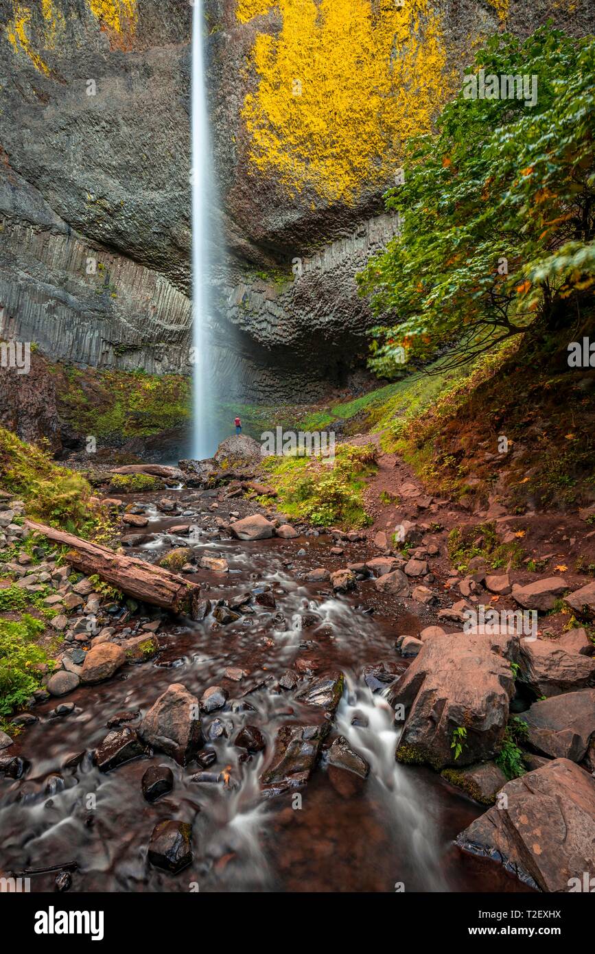 Man at waterfall in front of basalt rock, Latourell Falls, time ...