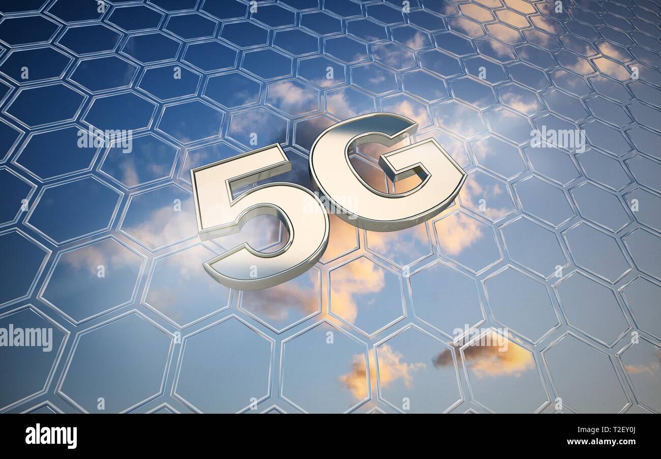 Symbol image 5G Net in front of blue cloudy sky with net pattern ...