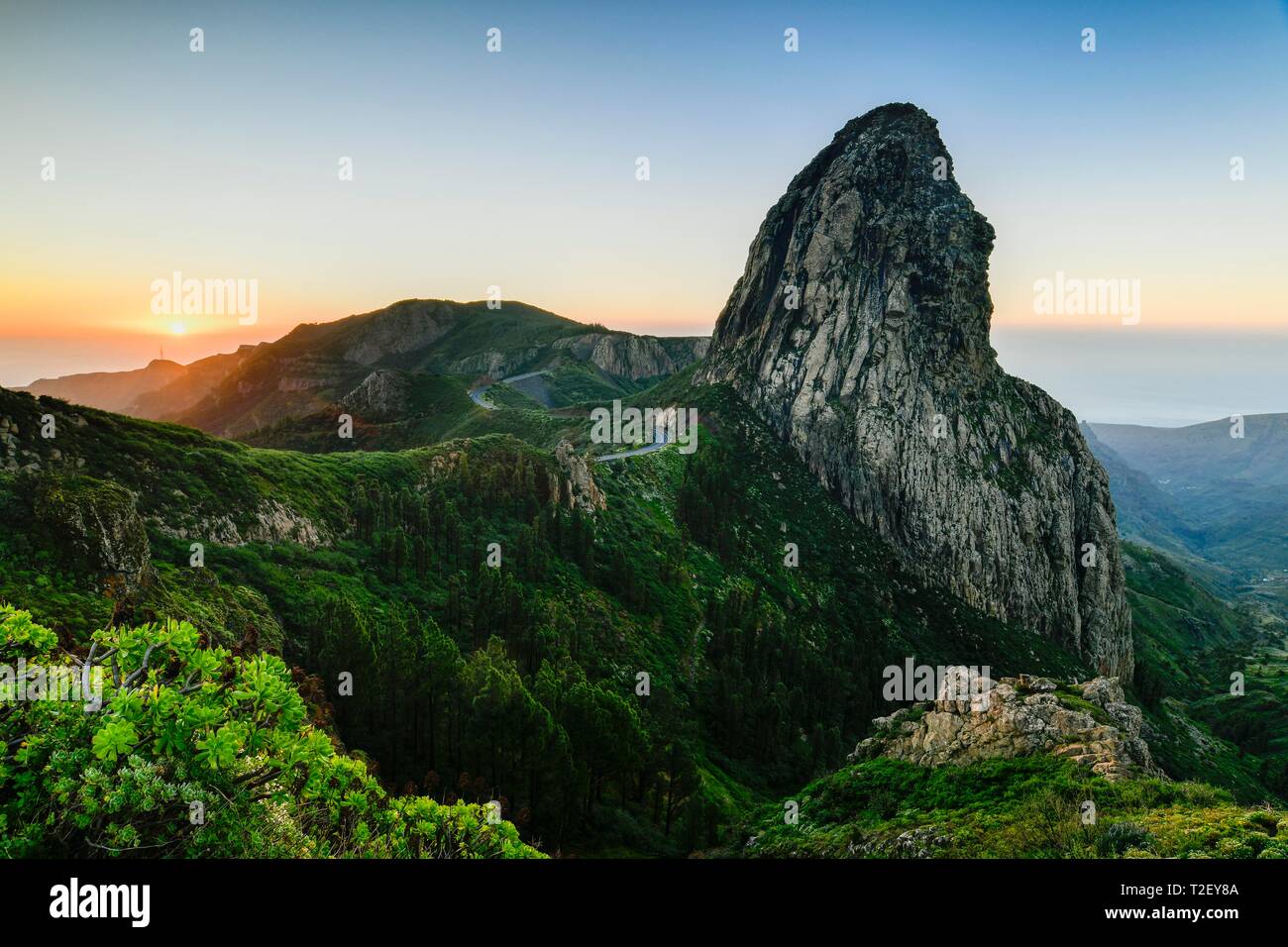 Roque de Agando rock tower at sunrise, Monumento Natural de los Roques ...