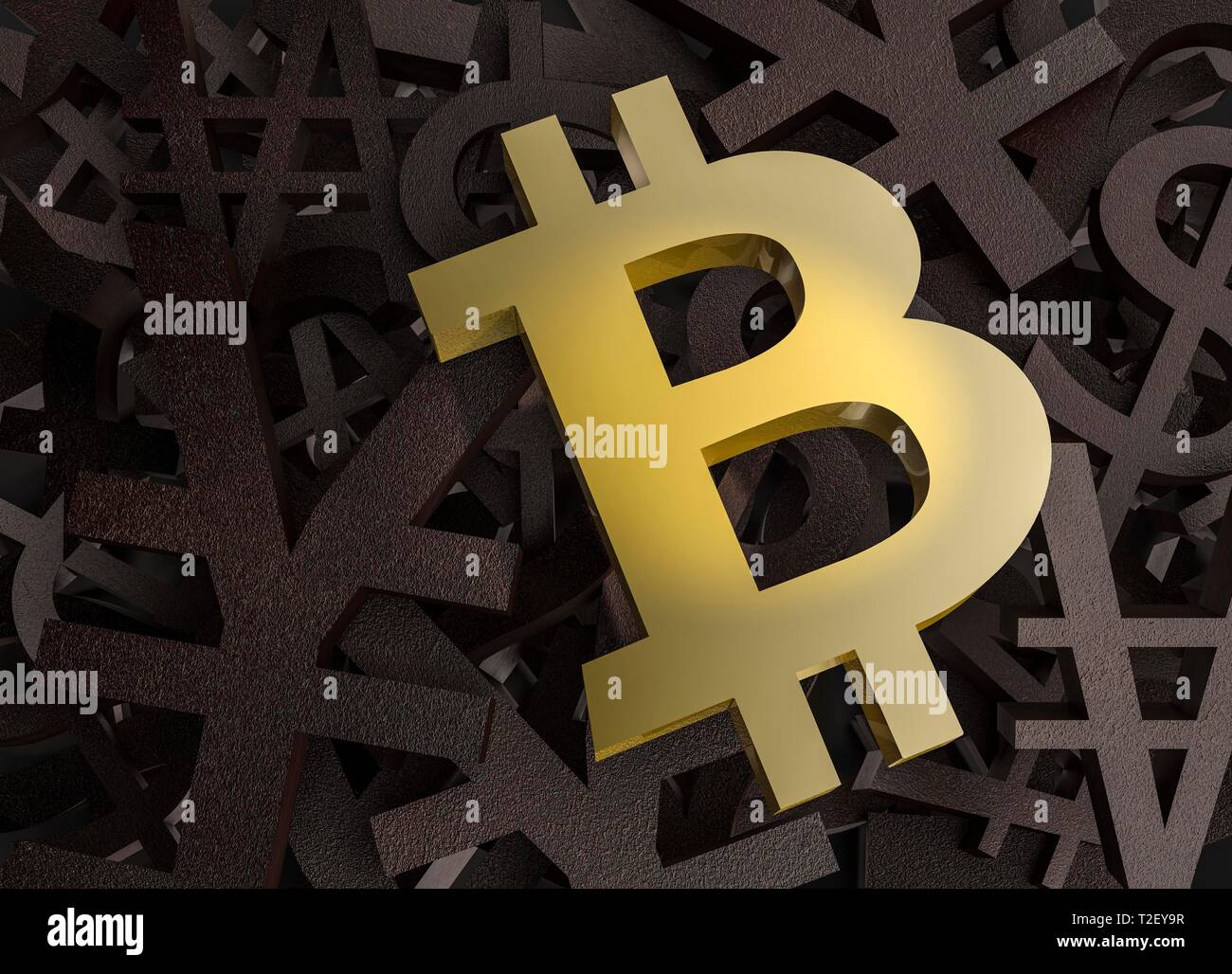 Symbol for crypto currency Bitcoin, located on other currency symbols ...