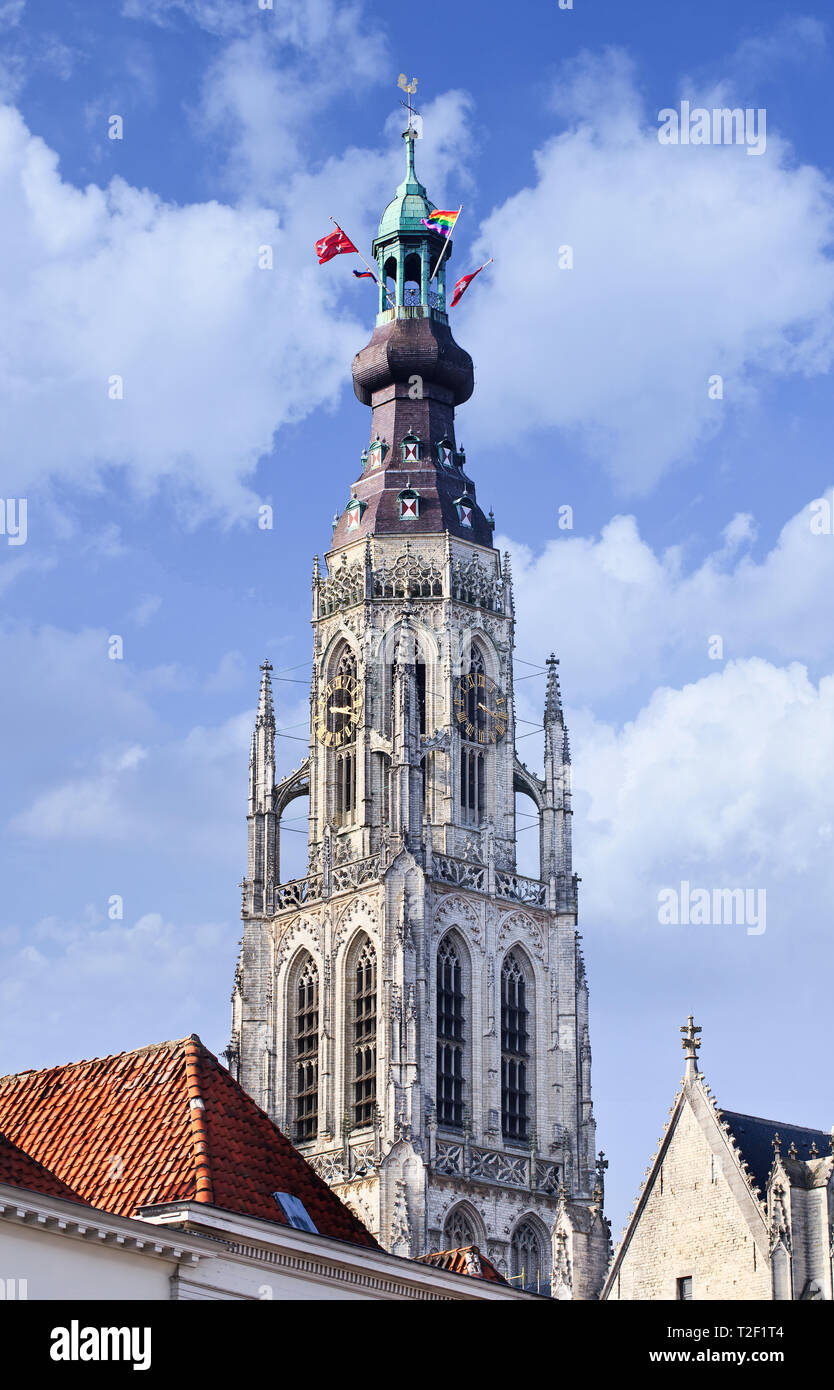 Tower of the majestic cathedral in the historical city center of Breda ...