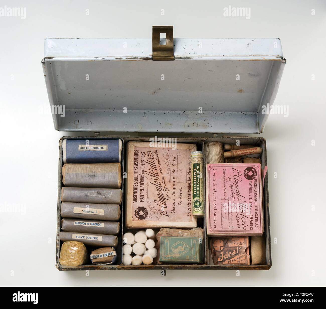 Historical first aid kit with bandage and ampoules, around 1931 ...