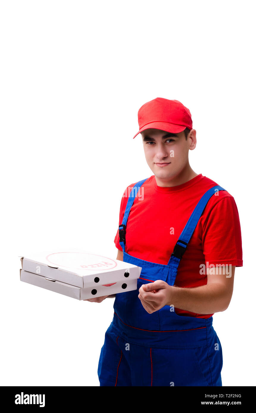 Pizza delivery worker isolated on white Stock Photo - Alamy