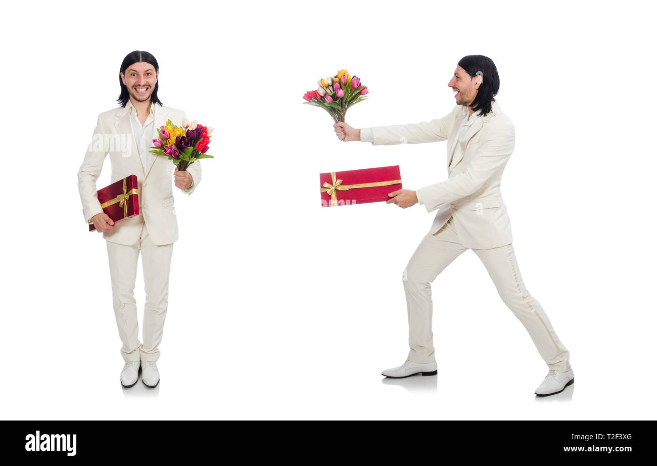 Man with giftbox isolated on white Stock Photo - Alamy