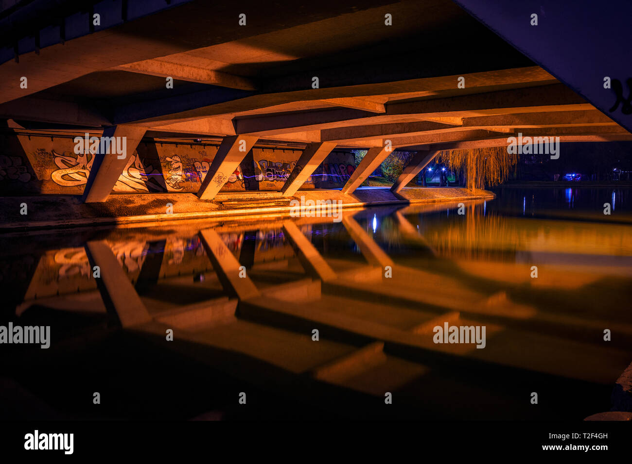 Night shot under a bridge in a park in Bucharest Romania with light ...