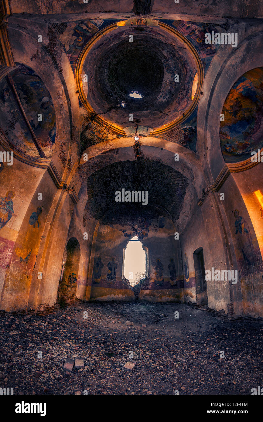 Stunning tall ruin on a church collapsing shot from interior with ...