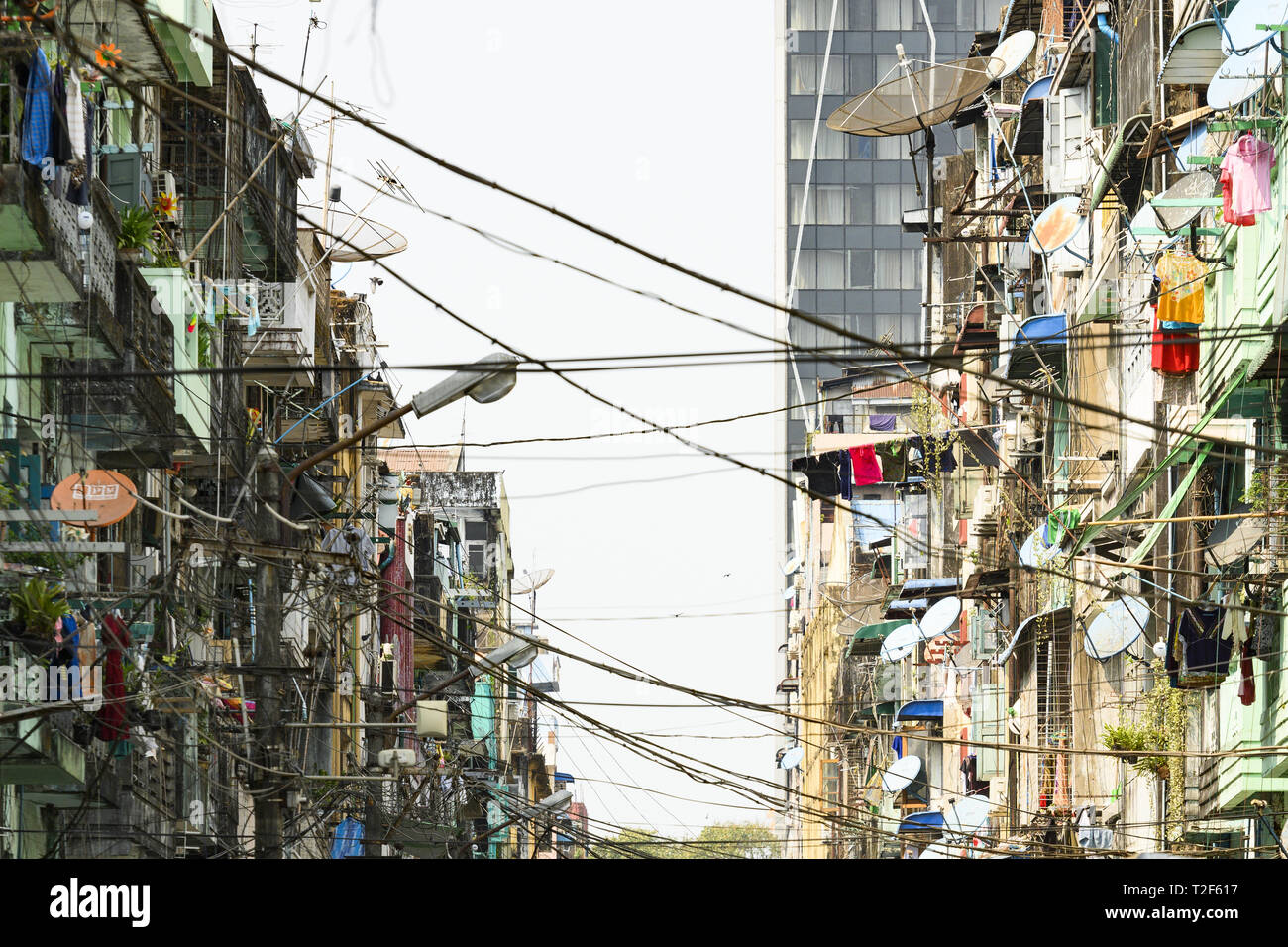 Close-up view of some colourful residential buildings in Yangon during ...