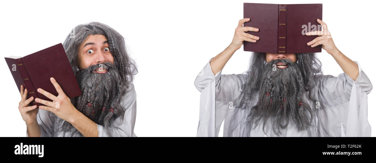 Funny old wizard with book Stock Photo - Alamy