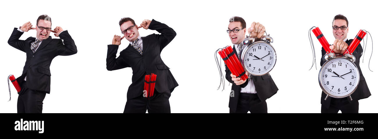 Man with time bomb isolated on white Stock Photo - Alamy
