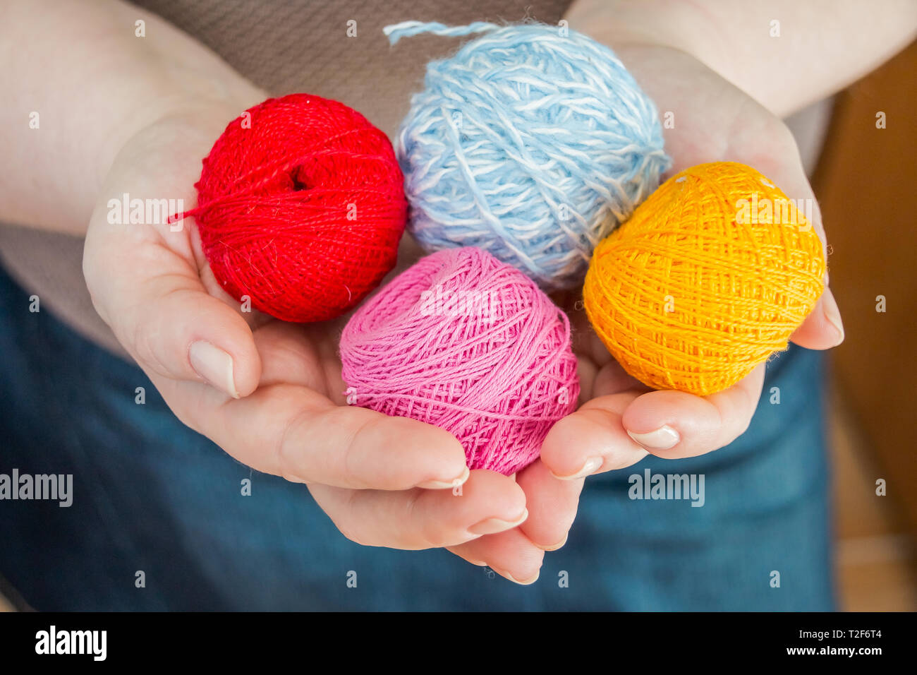 female hands holding stitching, yarn, ingrain, thread in the form of ...