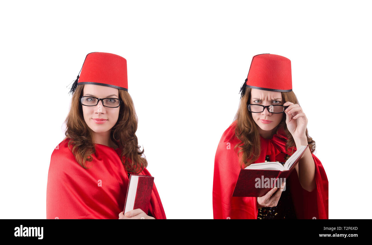 Woman wearing fez hat isolated on white Stock Photo - Alamy