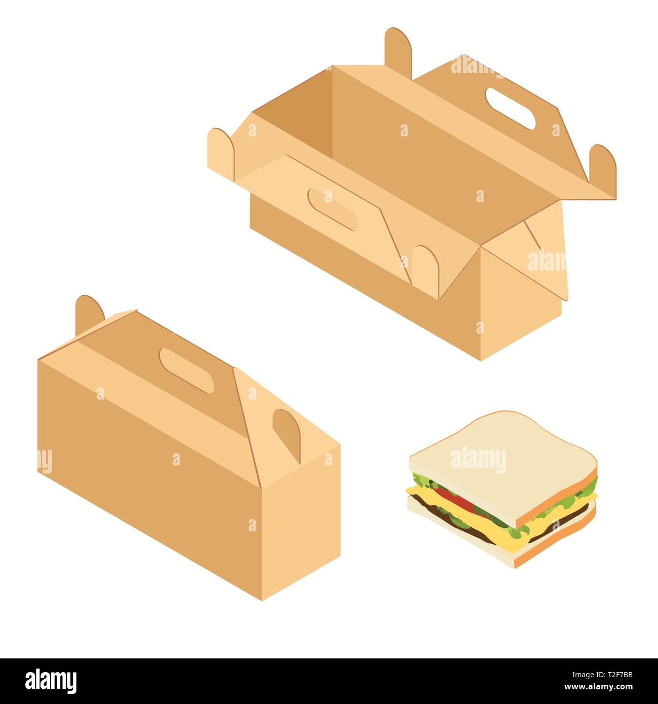 Isometric paper lunch box and sandwich isolated on white background ...