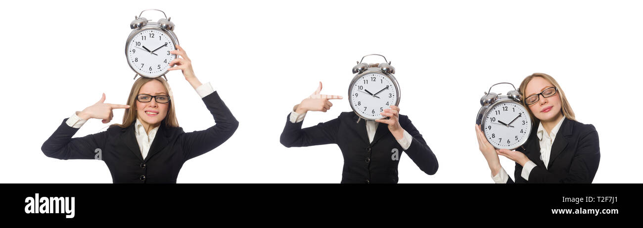 Pretty office employee with alarm clock isolated on white Stock Photo ...