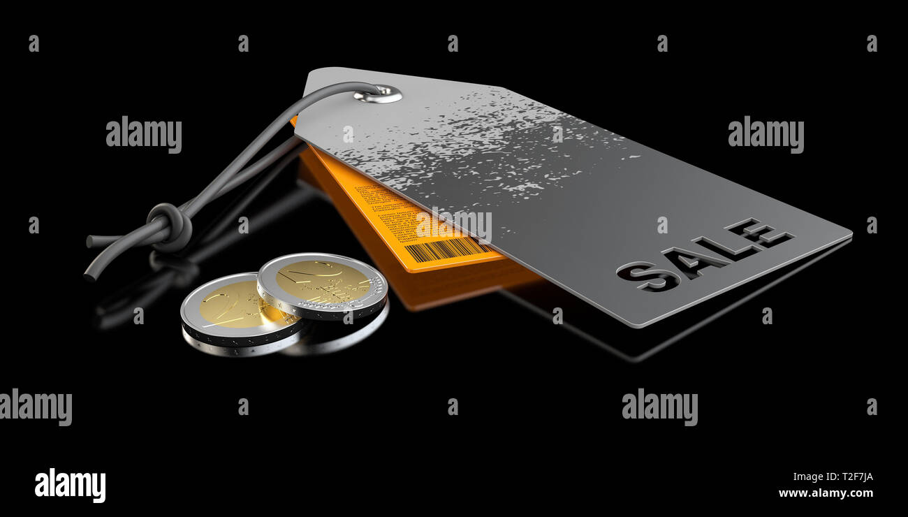 3d Illustration of gray and orange price labels with euro coins ...