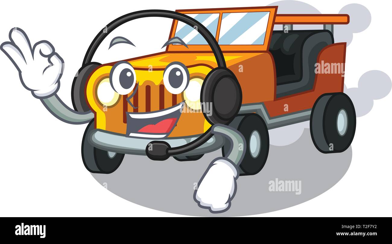 With headphone jeep cartoon car in front clemency vector illustration ...