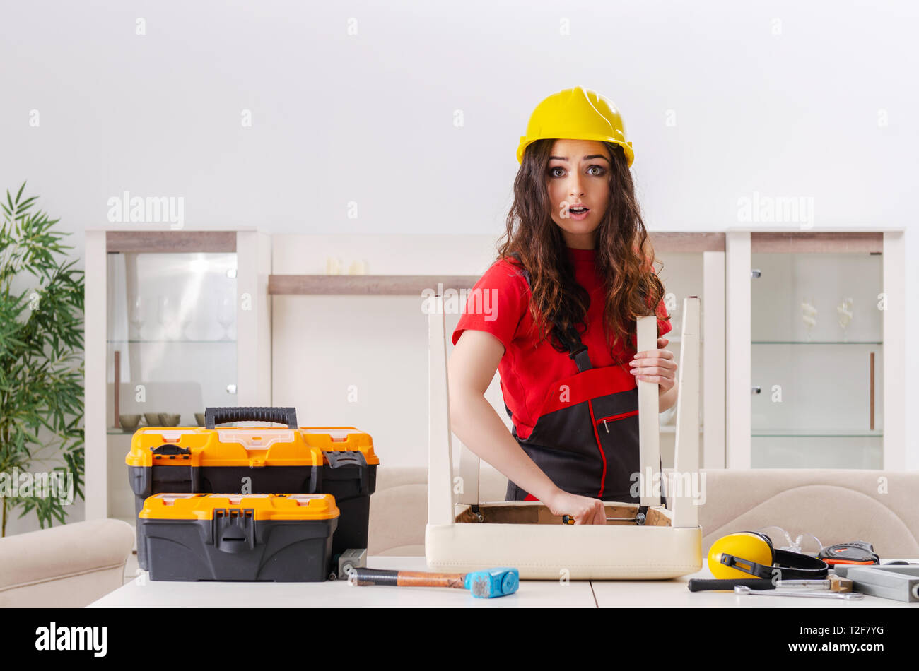 Female contractor repairing furniture at home Stock Photo - Alamy