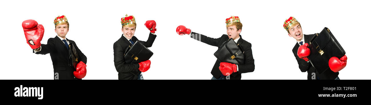 Funny businessman with crown and boxing gloves Stock Photo - Alamy