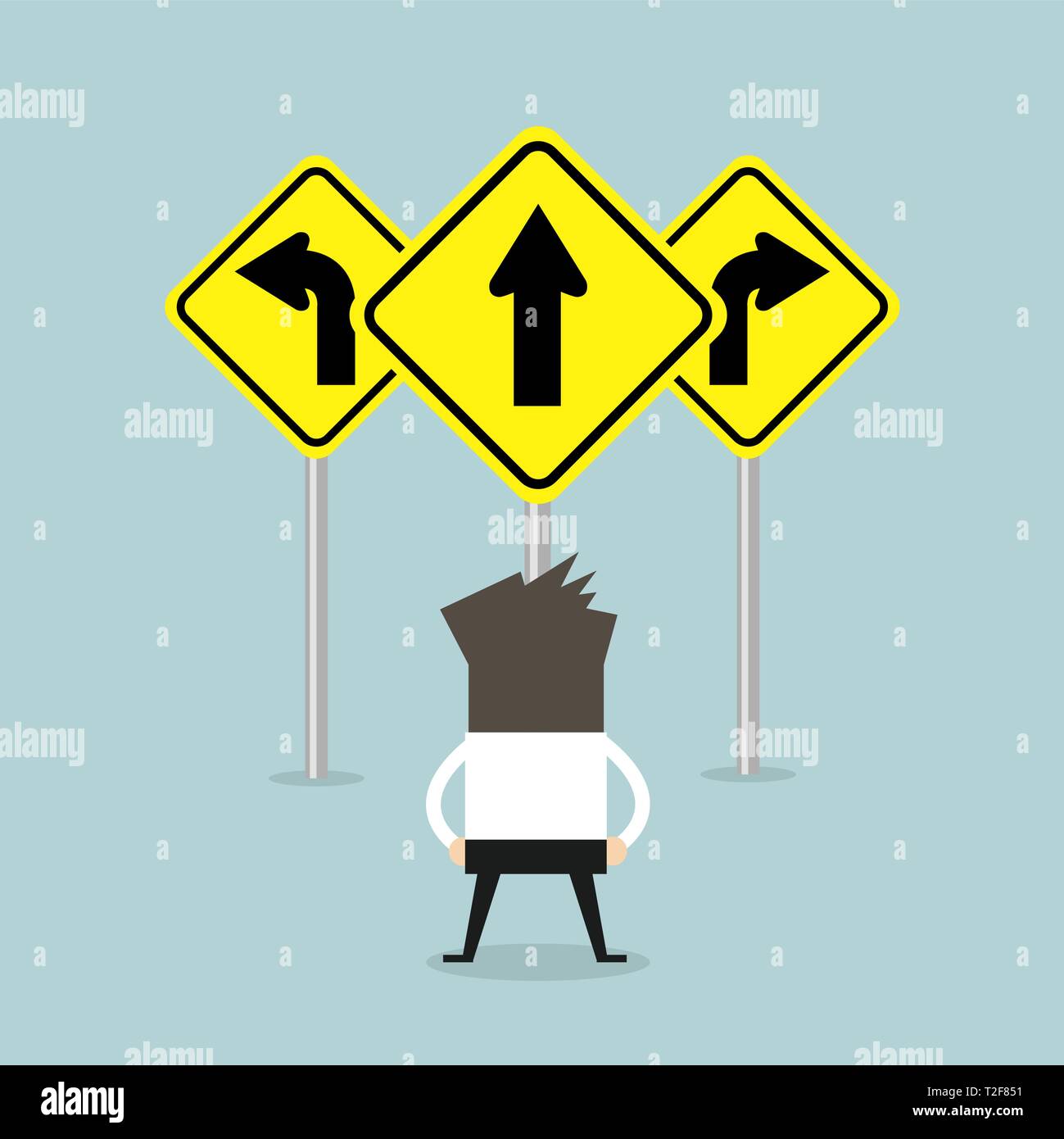 Businessman standing on three way arrows road sign Stock Vector Image ...