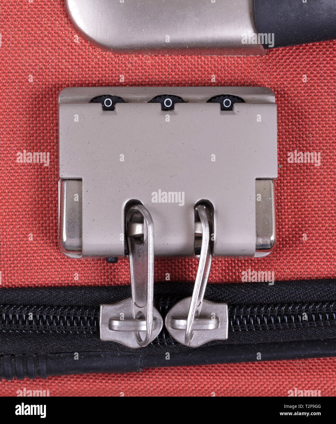 Combination lock on suitcase travel bag. Number, steel - Red bag Stock ...