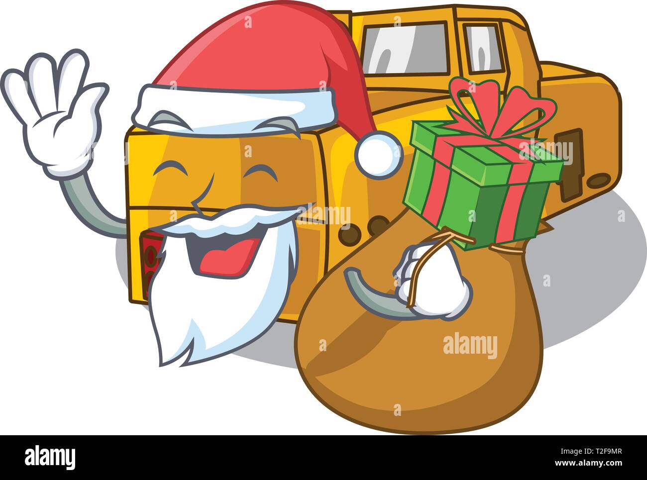 Santa with gift locomotive mine cartoon toy above table vector ...