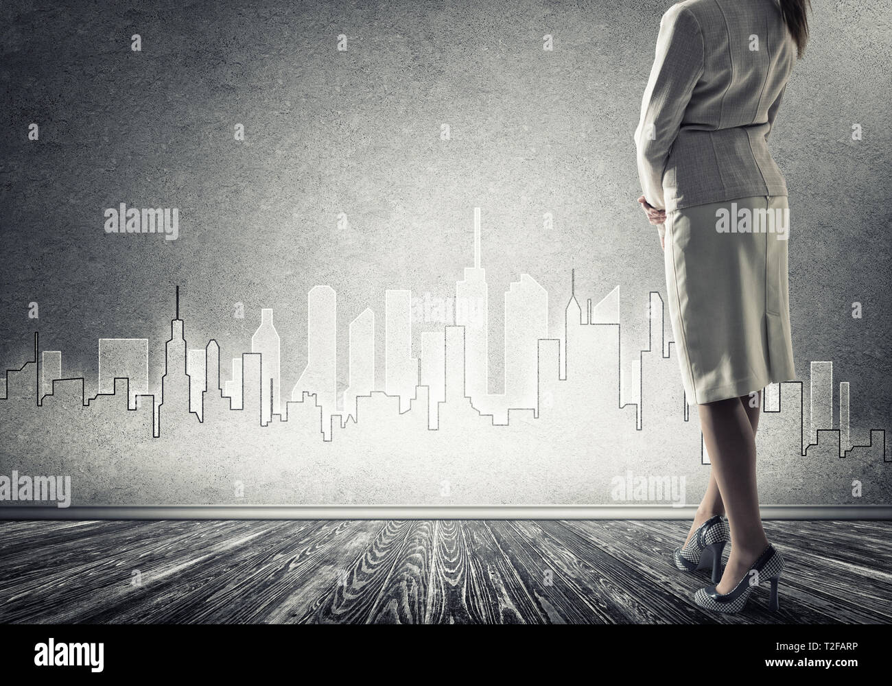 Bottom view of businesswoman and sketches of construction project on ...
