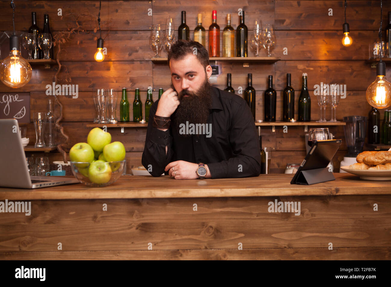 Bearded handsome young bartender behind the bar counter. Cool ...