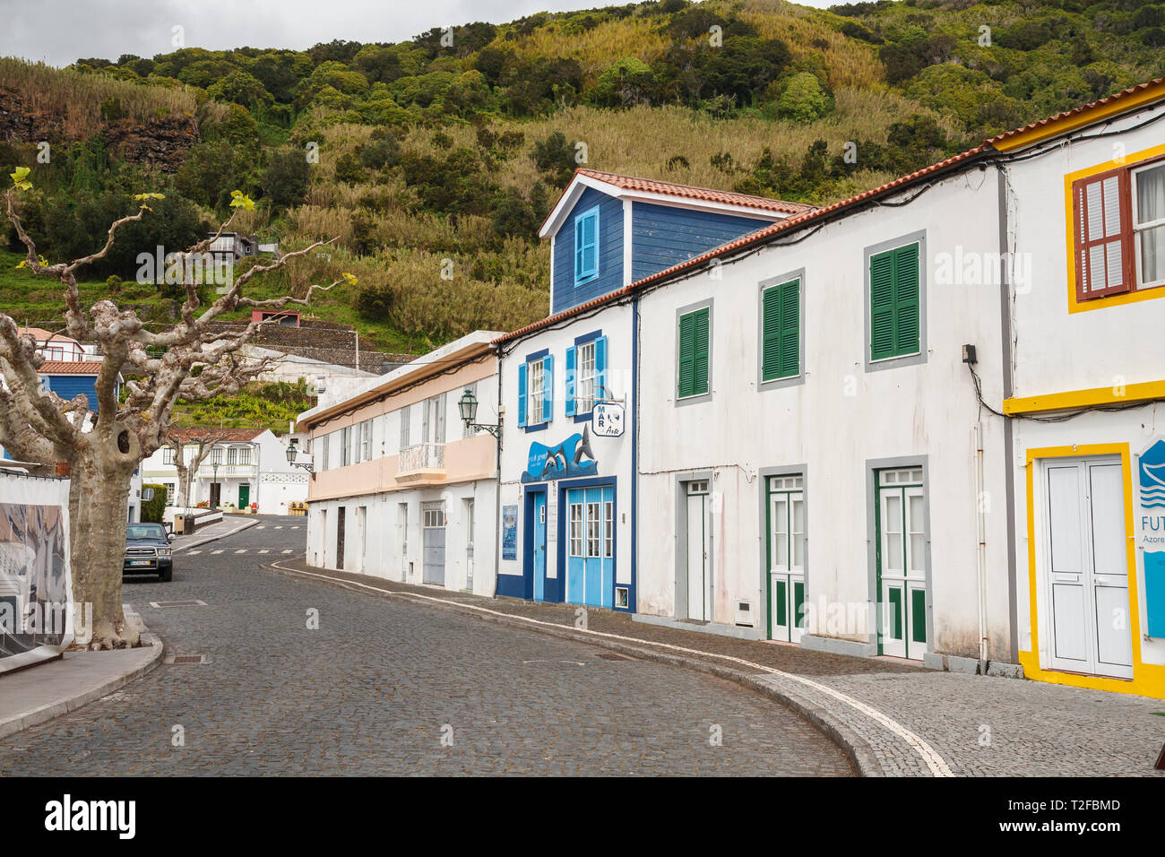 LAJES DO PICO, PORTUGAL - MAY 03, 2012: Typical white houses with ...