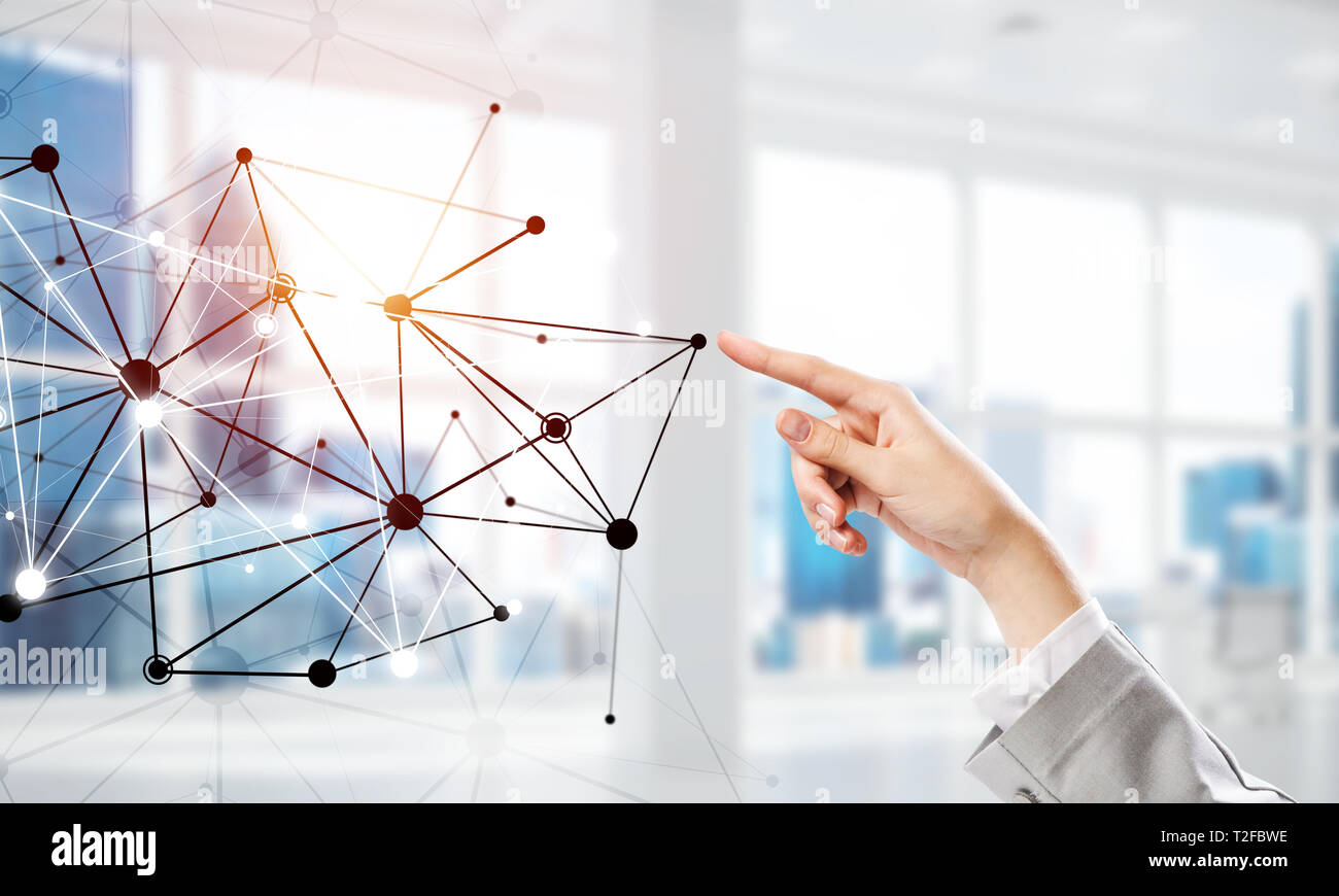 Close of businesswoman hand touching with finger connection concept. 3d ...