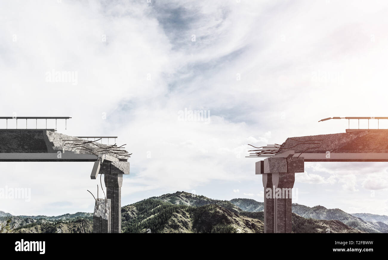 Broken concrete bridge with beautiful nature landscape, high mountains ...