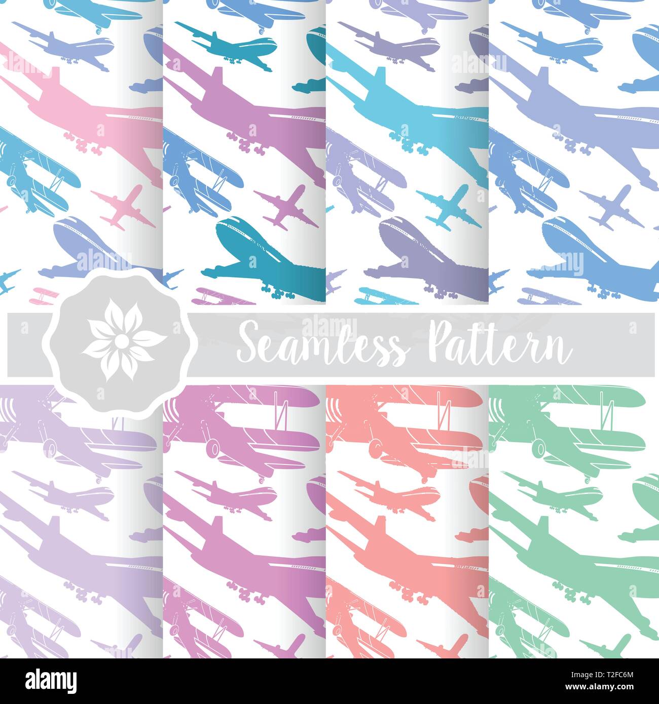 Set of retro airplane sky plane seamless pattern tiles backdrop vector ...