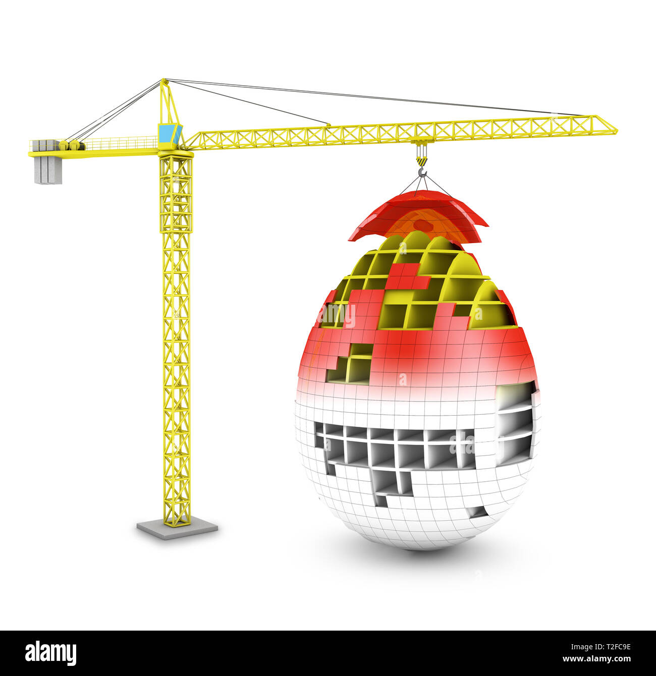 The tower crane builds a red egg. 3d render Stock Photo - Alamy