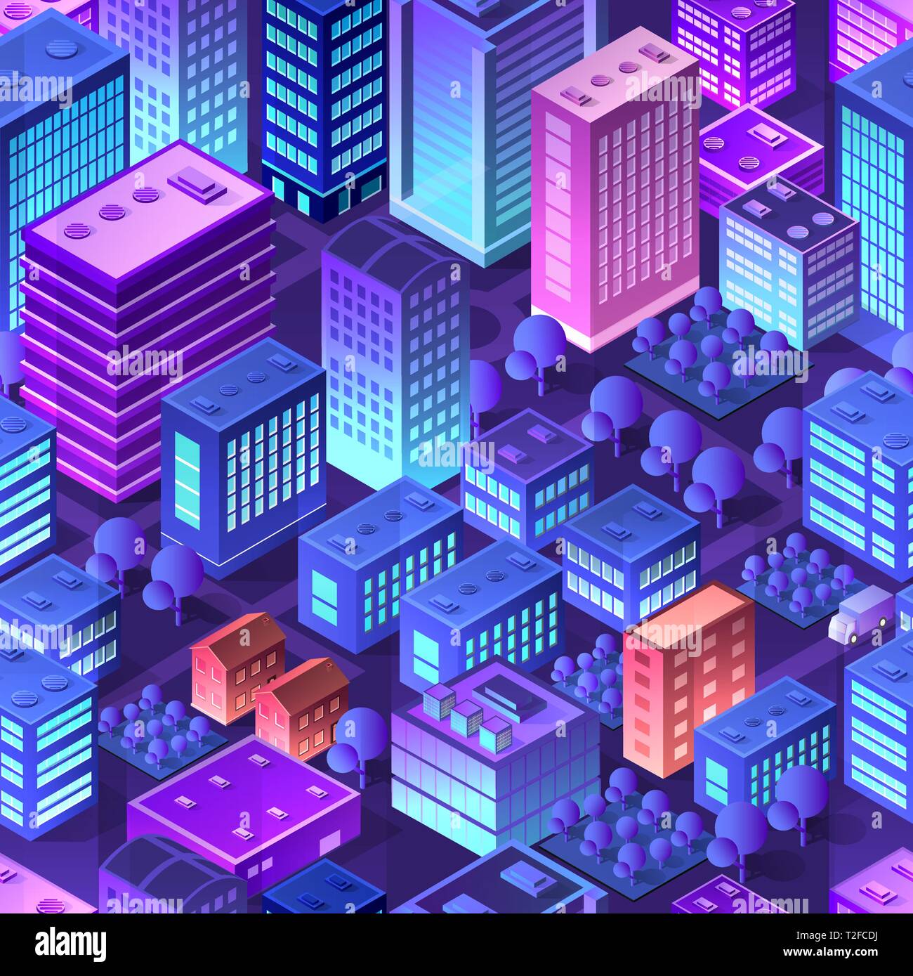 Isometric violet purple background city urban seamless pattern of ...