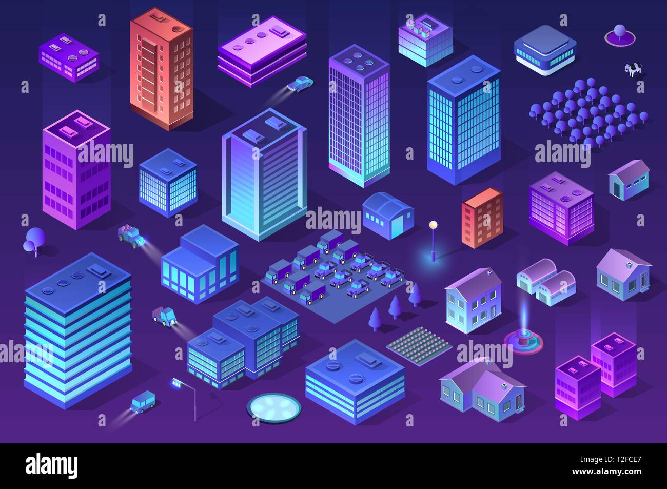 Isometric set of ultraviolet city of violet colors 3d building modern ...