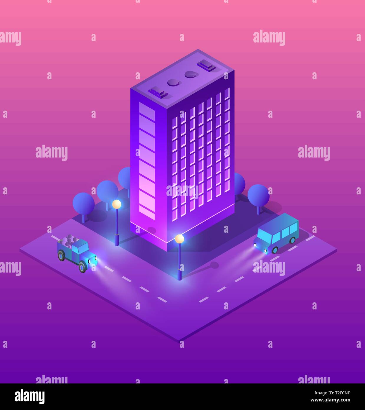 Smart city of ultraviolet style neon design from a skyscraper street ...