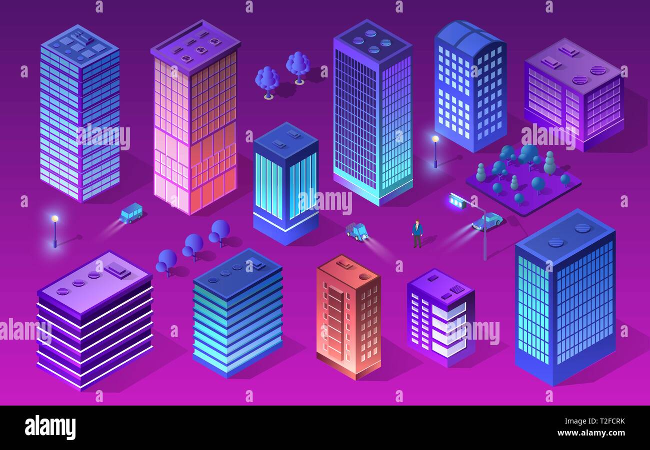 Set city of ultraviolet style neon design from a skyscraper street ...