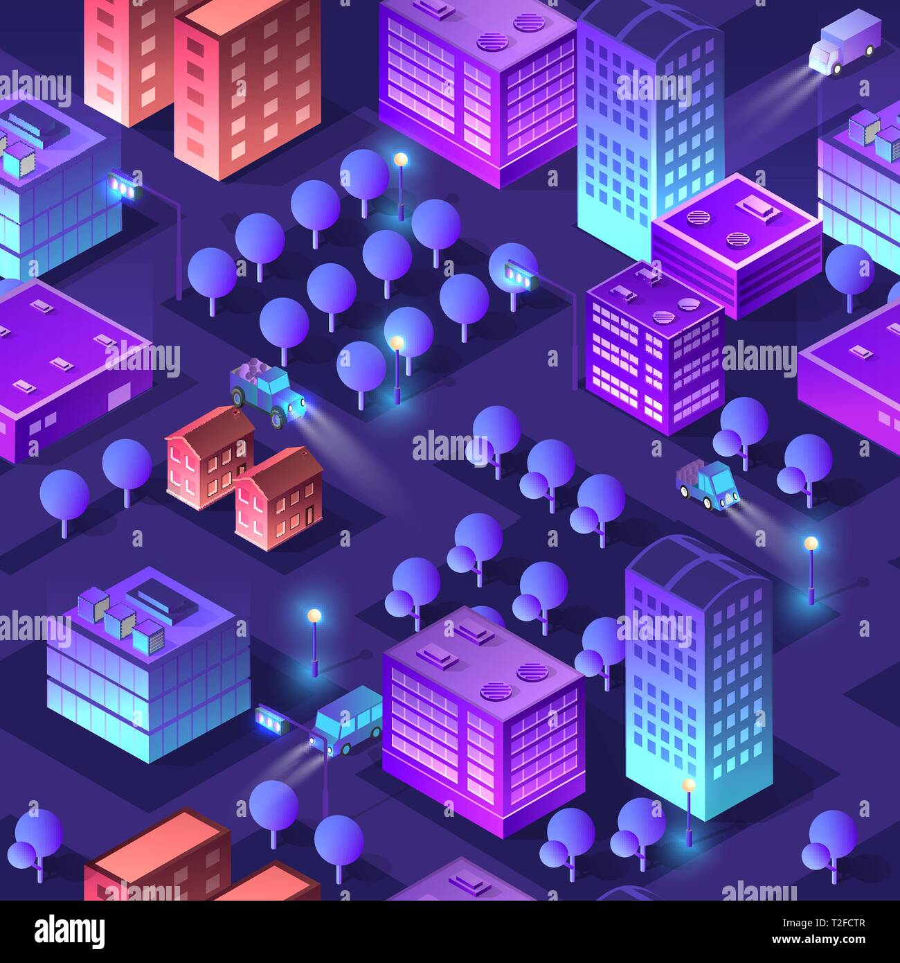 Isometric violet purple background city urban seamless pattern of ...