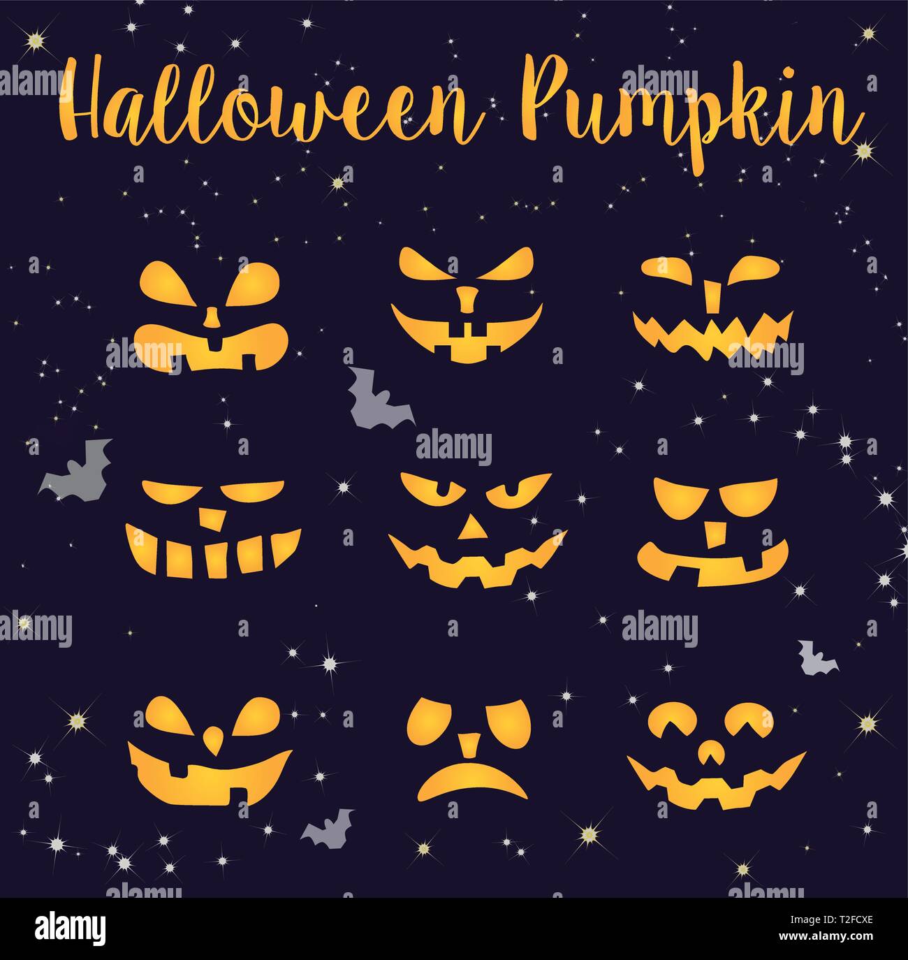 A set of scary Halloween pumpkins on a horror holiday celebration evil ...