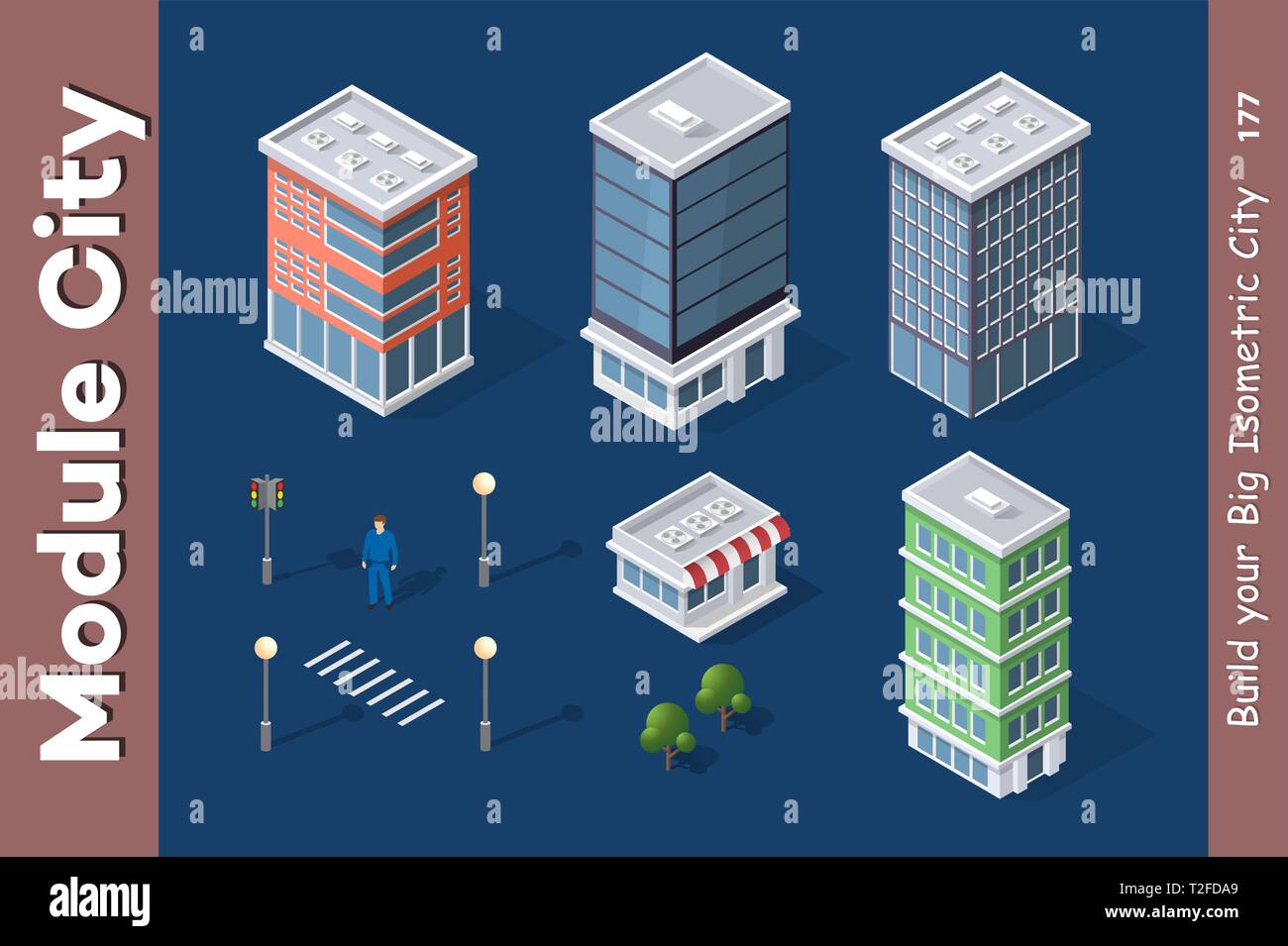 A set of design objects of the city, transport, houses and trees. The ...