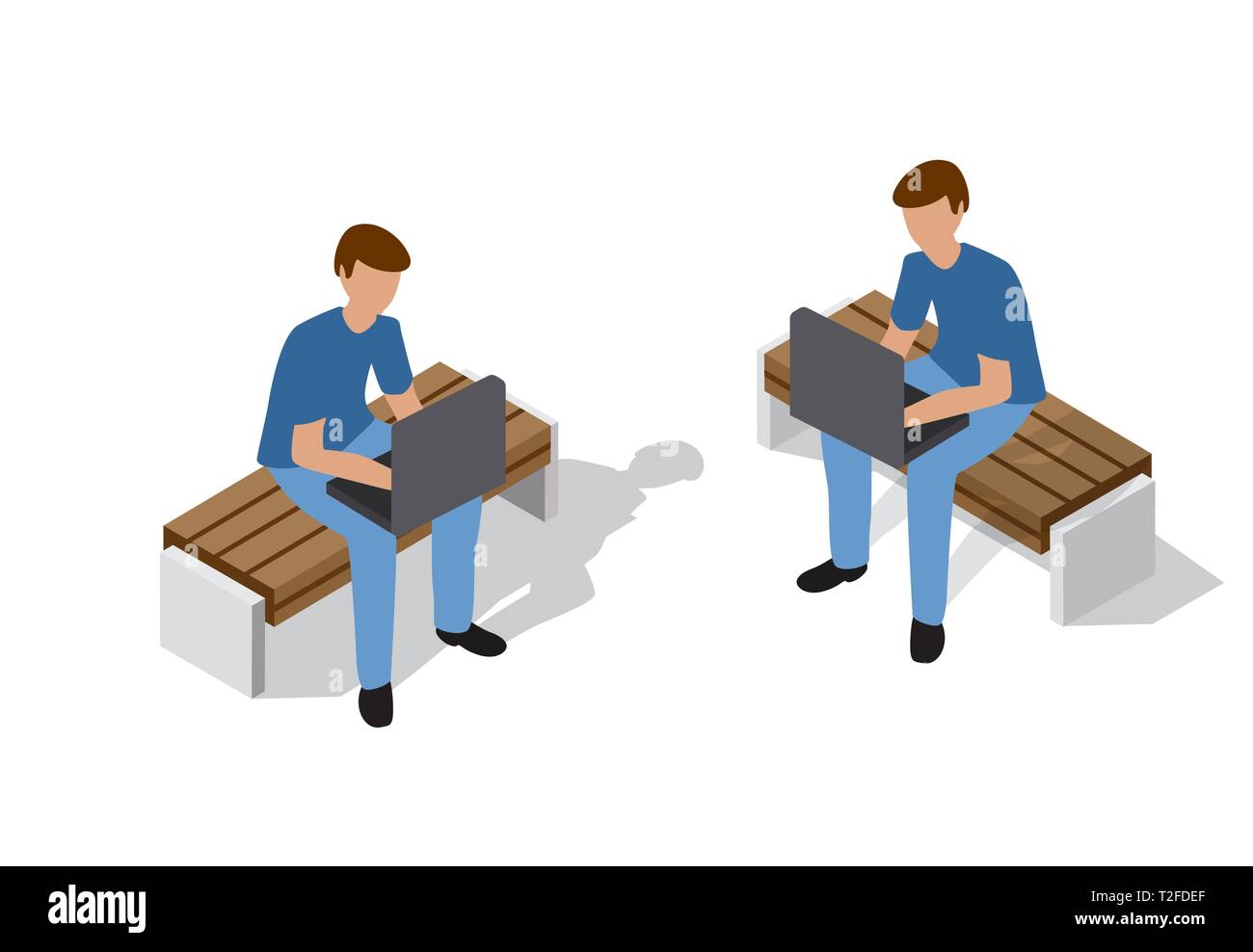 People sitting on a bench with a computer isometric projection Stock ...