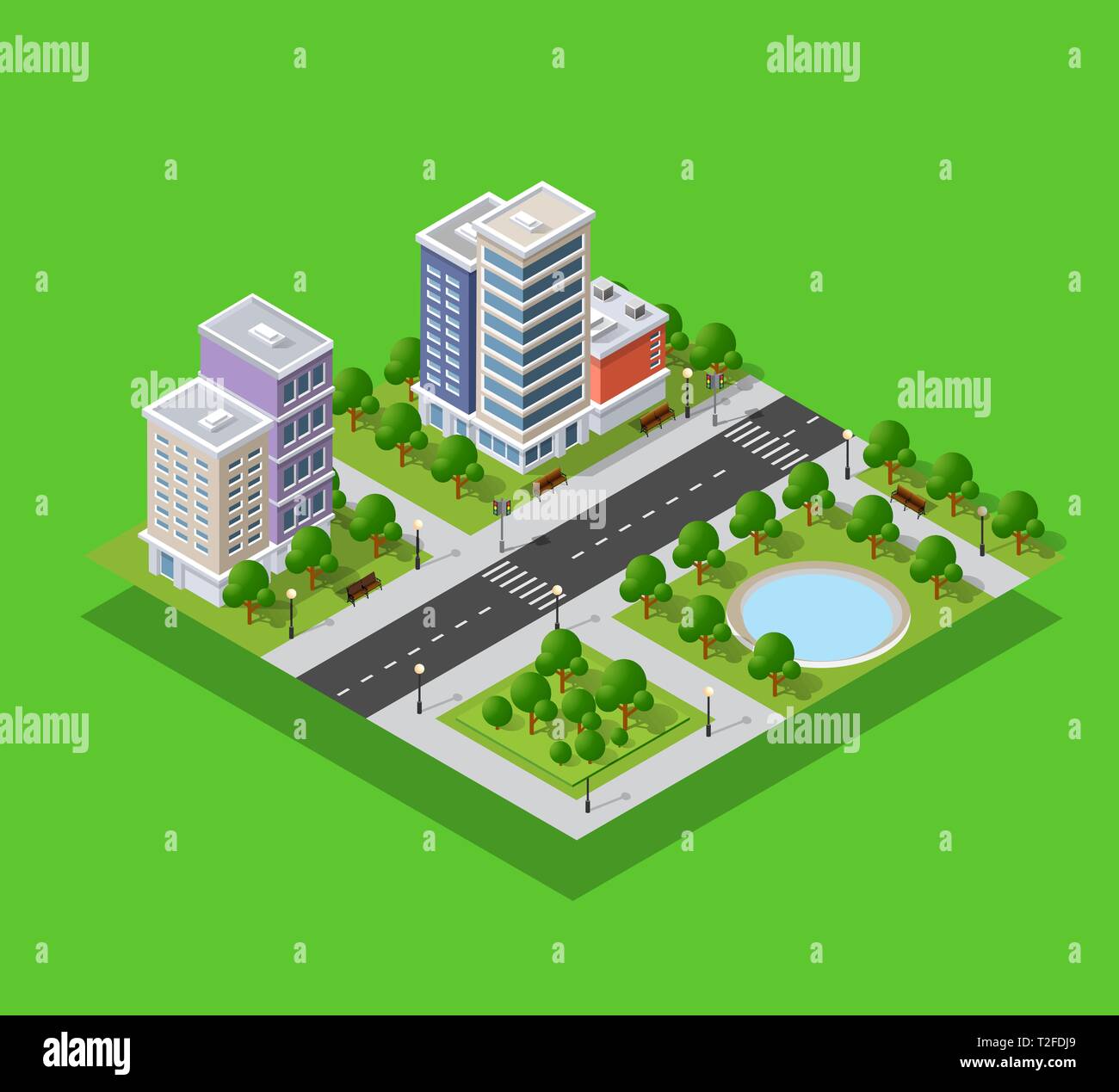 Isometric city block and urban infrastructure of houses, streets and ...