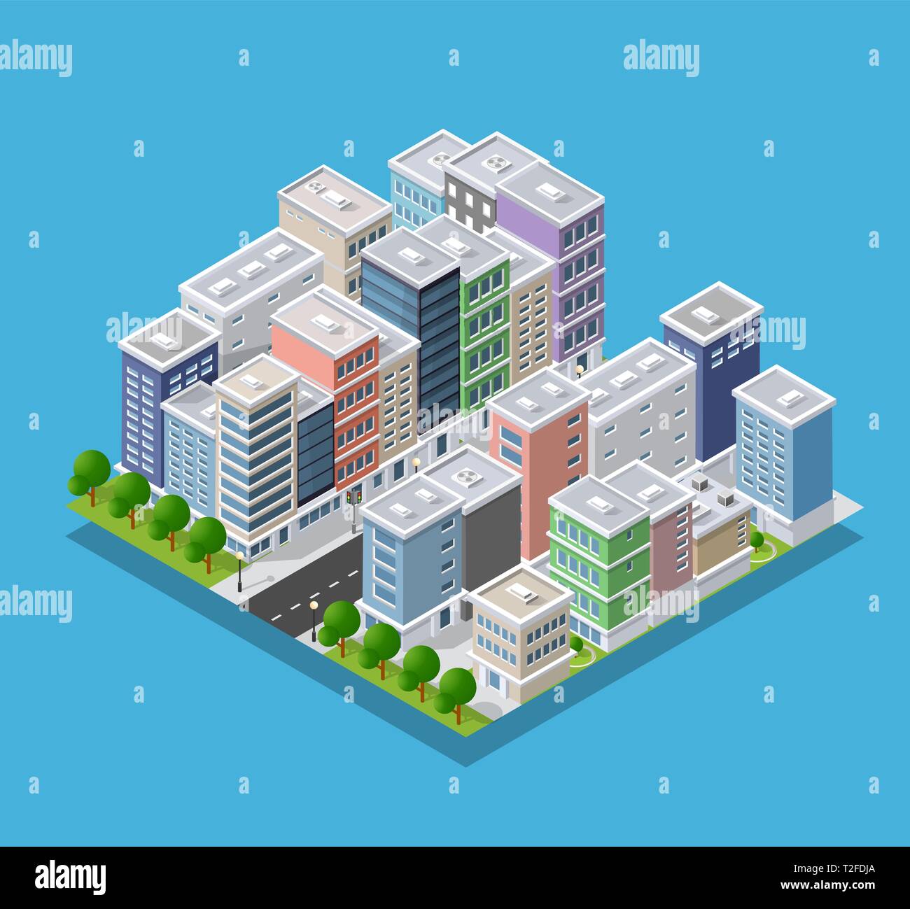 Isometric city block and urban infrastructure of houses, streets and ...