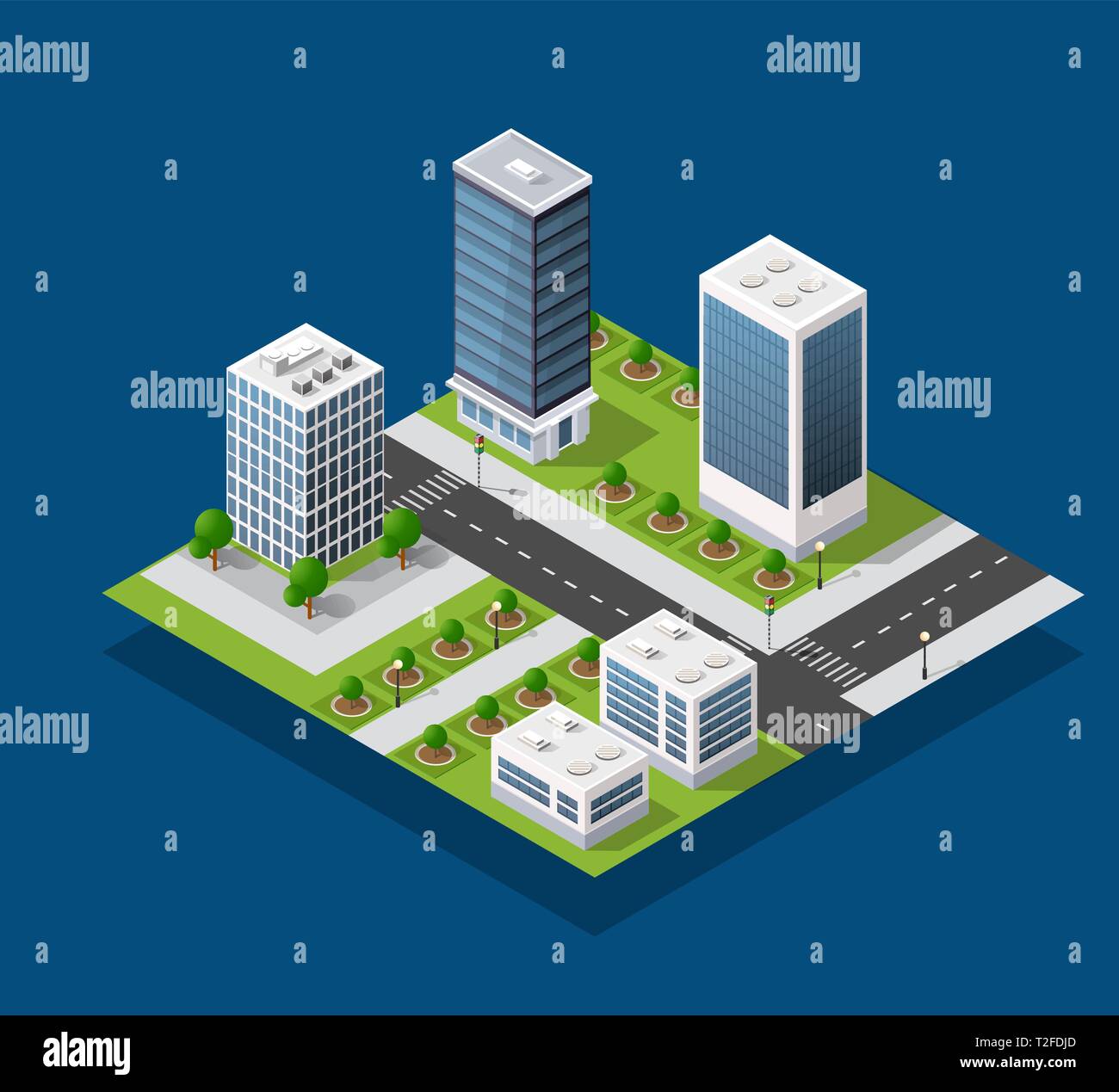 Isometric city block and urban infrastructure of houses, streets and ...