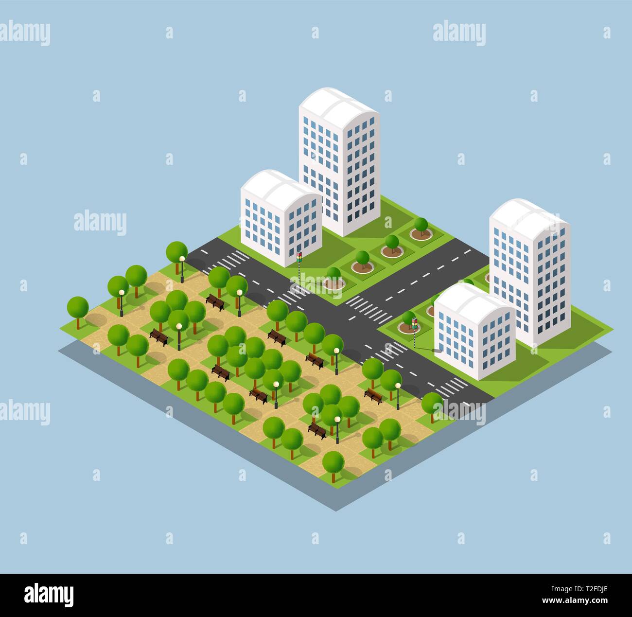 Isometric city block and urban infrastructure of houses, streets and ...