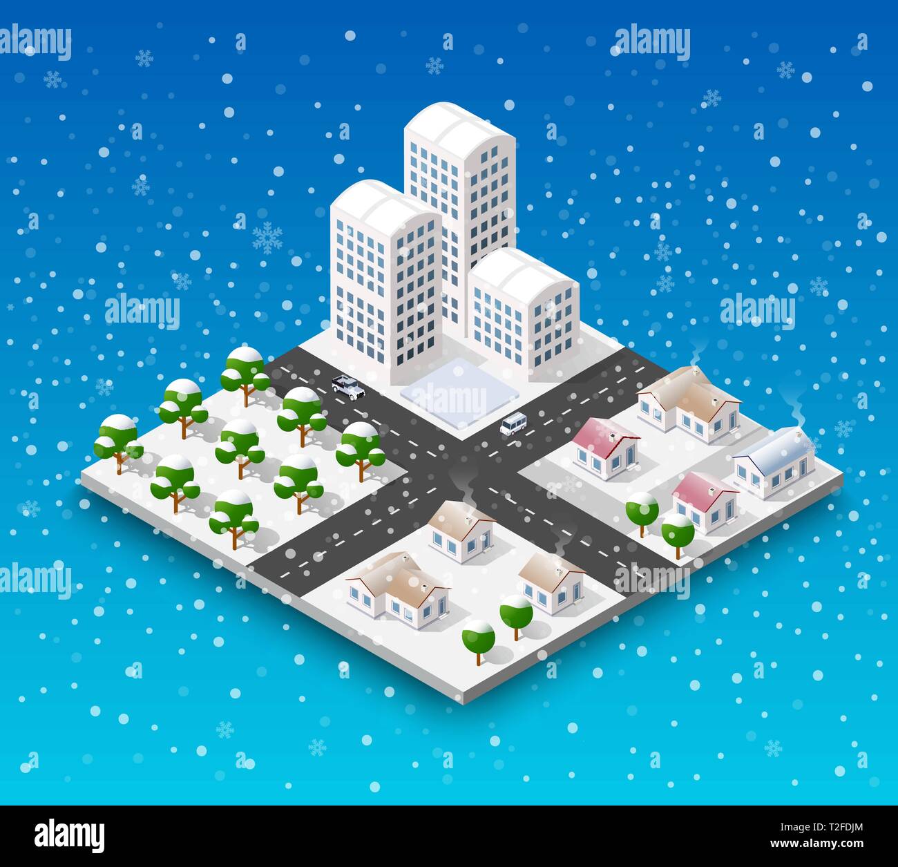 Christmas city isometric urban winter quarter in the snow and in ...