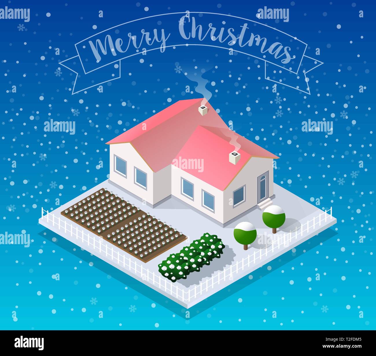Isometric landscape snow-covered Christmas tree forest village in the ...