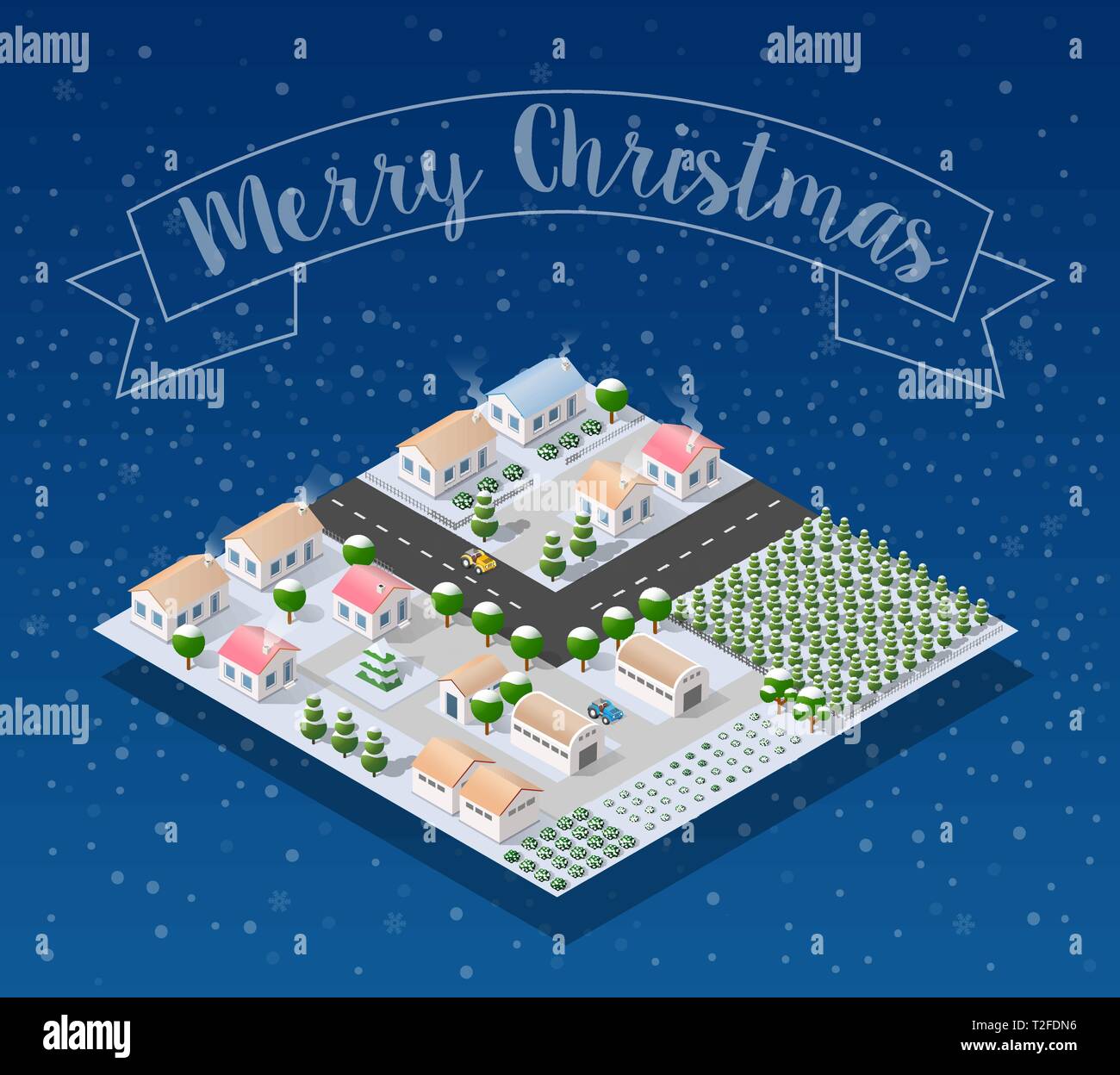 Isometric landscape snow covered Christmas tree forest village in the ...