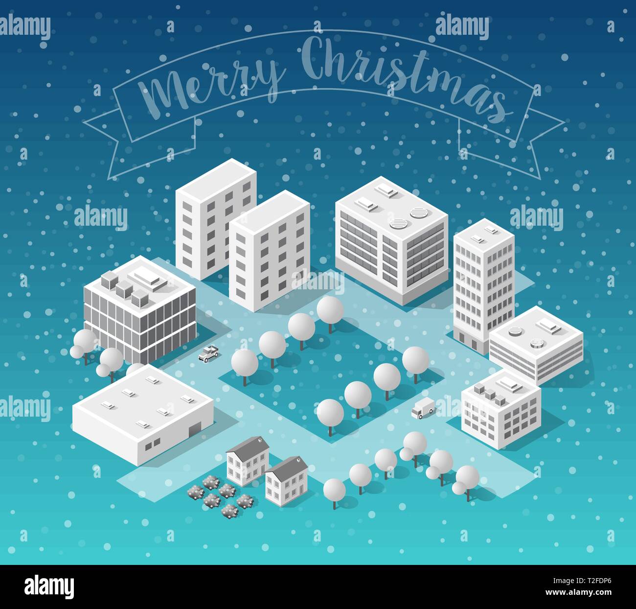 Winter Christmas landscape snow covered futuristic isometric city from ...
